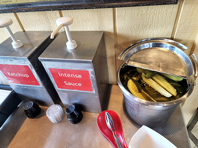 The condiment station &ndash; where "Intense Sauce" isn't describing your ex, but the magical elixir about to transform your meal.