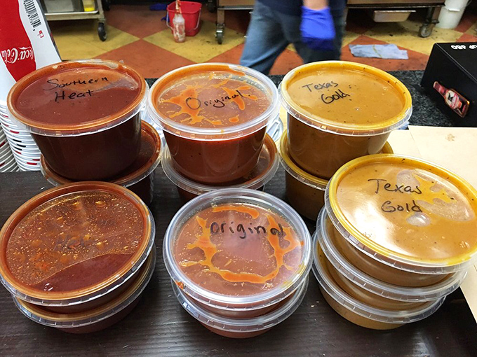 A rainbow of sauce options, because even in barbecue paradise, personal choice matters. That "Southern Heat" is calling my name.