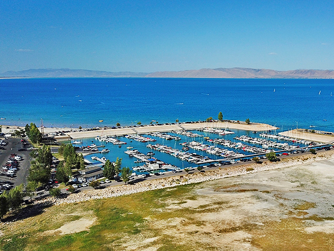From above, the marina looks like a carefully arranged model set&mdash;tiny boats in perfect formation on impossibly blue water.