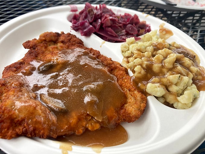 Schnitzel with gravy that would make your German grandmother weep with joy, served with proper red cabbage.