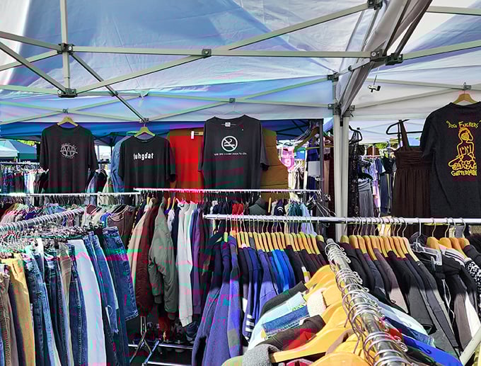 The t-shirt section: where graphic design meets wearable nostalgia. Each hanger holds someone's former identity, waiting for its second act.