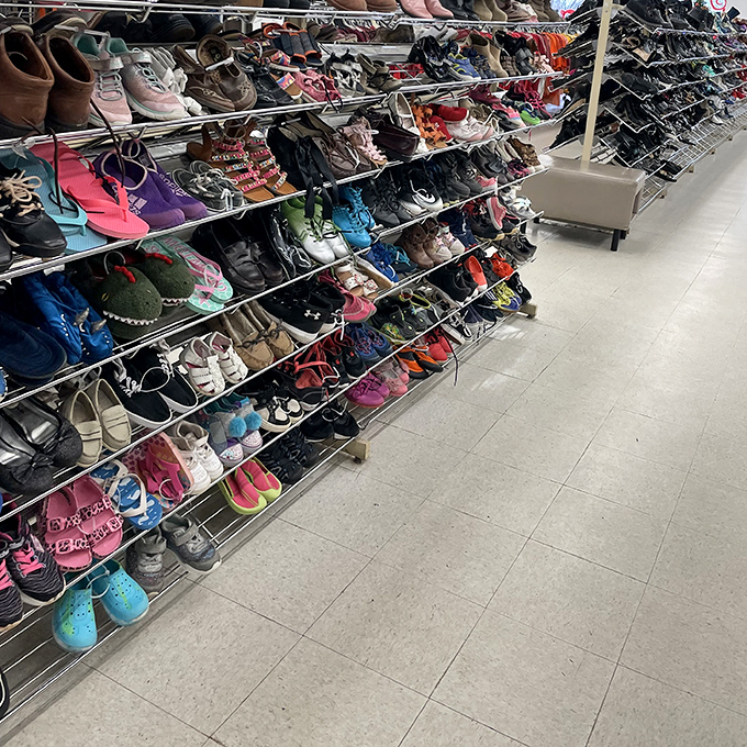 Footwear paradise where hiking boots that climbed mountains sit beside dancing shoes that twirled under disco balls, all seeking second acts.