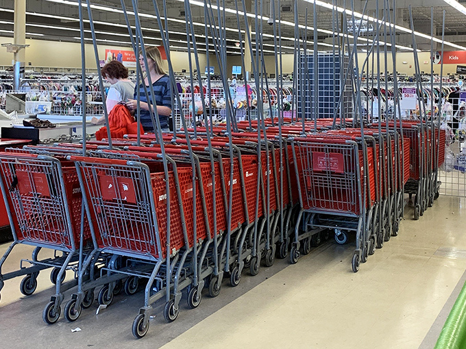 The red chariot fleet awaits your shopping adventure. These carts have seen things&mdash;mostly great deals and occasional impulse purchases.