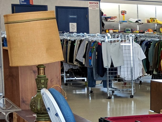 Lamps, clothing racks, and the promise of discovery stretch into the distance&mdash;a retail safari where patience is rewarded with unexpected finds.