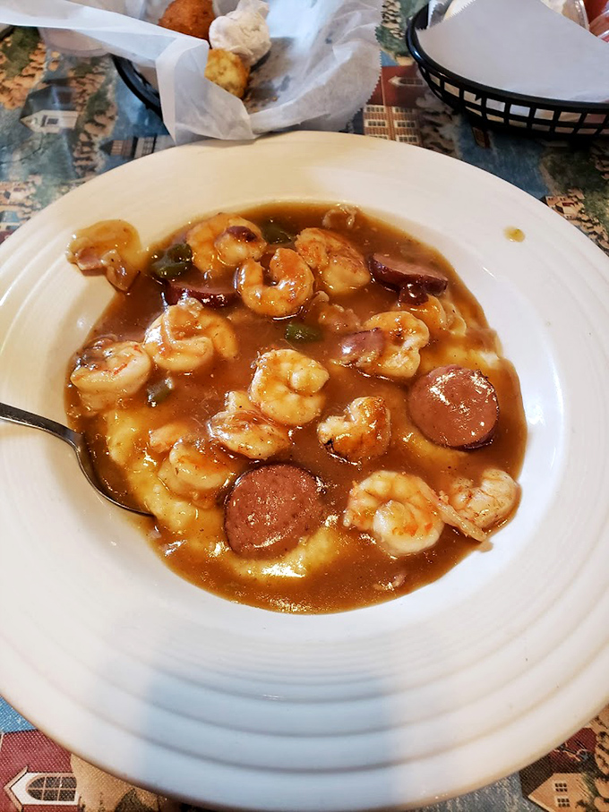 Shrimp and sausage swimming in savory broth&mdash;proof that shrimp and grits can turn a humble bowl into one of life&rsquo;s greatest pleasures.