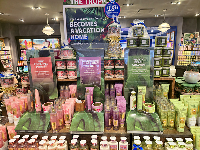 Bath & Body Works' tropical display promises to transform your bathroom into a vacation destination. Suddenly, "self-care" means smelling like a pineapple paradise.
