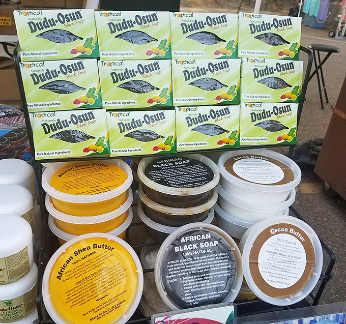 African shea butter, black soap, and natural skin products that promise to make you look younger than your driver's license photo suggests.