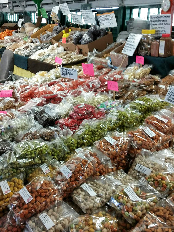 A rainbow of nuts, dried fruits, and snacks packaged for the taking. Proof that the farmers market half of Denio's deserves equal billing.