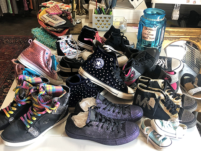 Converse high-tops and bedazzled sneakers create a footwear mosaic that tells the story of teenage fashion evolution one sole at a time.