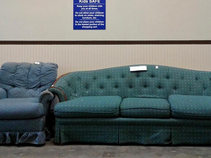 The living room time capsule section&mdash;where vintage tufted sofas dream of their next family movie night. Mid-century meets modern bargain!