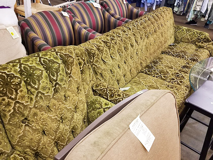 That avocado-green velvet sofa isn't just furniture&mdash;it's a conversation piece waiting to happen. "Yes, it's vintage" sounds better than "Yes, it's used."