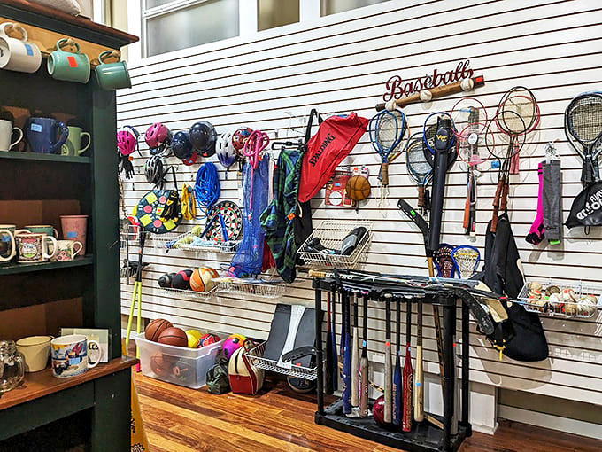 The sporting goods wall could outfit an entire Little League team. Those vintage tennis rackets might not improve your backhand, but they'll certainly elevate your style.