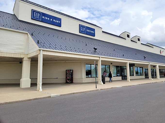 The blue GAP sign stands as a familiar landmark in this retail landscape, promising affordable basics and that signature denim smell.