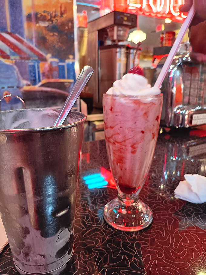 Milkshakes thick enough to require serious straw commitment. That strawberry creation isn't a beverage&mdash;it's dessert with a straw as a serving suggestion.