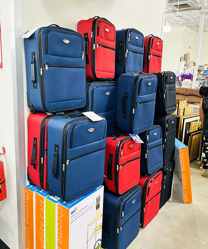 The luggage tower&mdash;a colorful monument to travel dreams. These suitcases have stories to tell, and new adventures to embark upon.