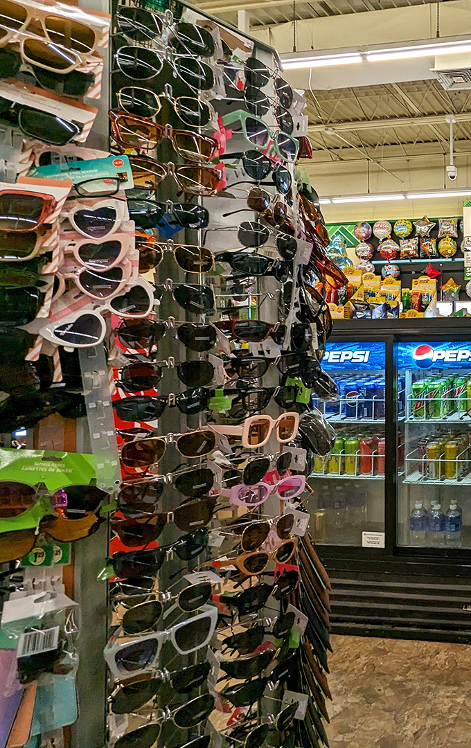 A spinning rack of sunglasses offers style at a steal &ndash; because looking like a movie star shouldn't require a Hollywood budget.