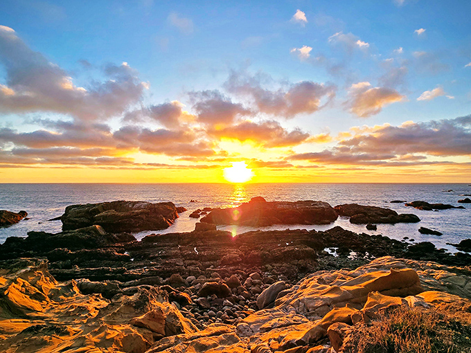 California's golden hour transforms rocky tidepools into molten copper mirrors, creating a sunset spectacle worthy of a standing ovation.