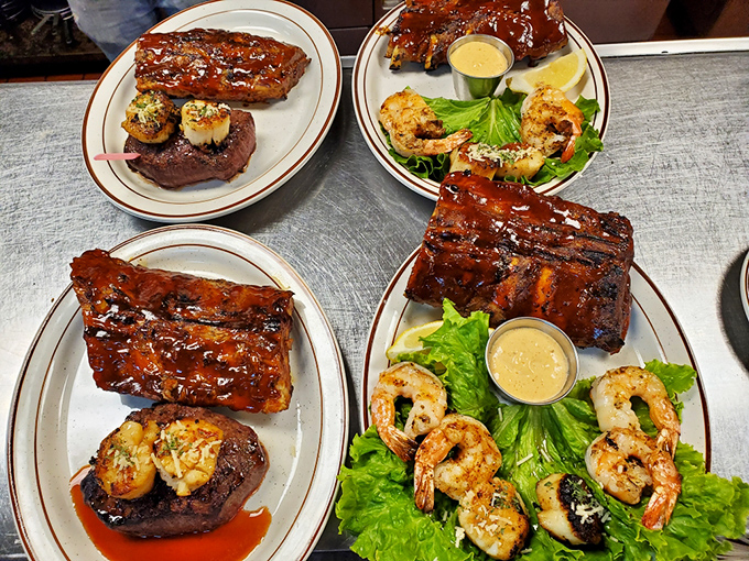 The surf and turf spread that makes decision-making easy: why choose between land and sea when you can have perfectly grilled steak, ribs, and shrimp all at once?