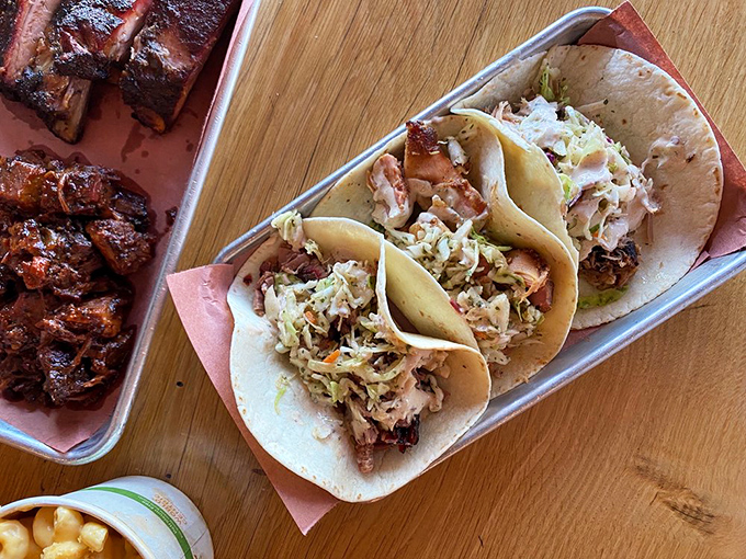 Tacos that prove BBQ knows no boundaries. Pulled meat and fresh slaw nestled in soft tortillas&mdash;a cross-cultural romance that works beautifully.