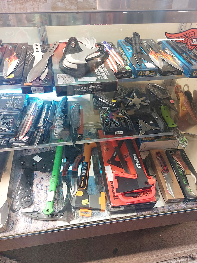 Behind glass lies a collection of blades that would make any DIY enthusiast or zombie apocalypse prepper equally excited about their next project.