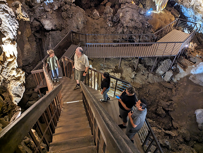Watch your step into another dimension! Visitors navigate the carefully designed walkways that protect both humans and the fragile cave environment.