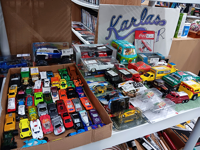 Toy heaven! Where childhood memories are stacked in colorful rows, each miniature vehicle carrying a payload of nostalgia.