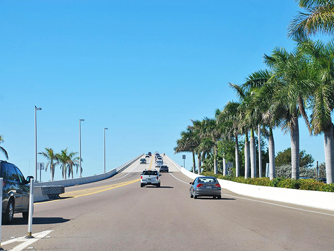 Palm trees line the approach to the bridge like a welcoming committee, their fronds waving hello as you begin your journey across the water.