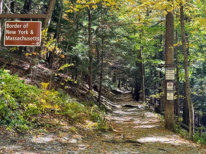 Standing at the Massachusetts-New York border, this leaf-strewn path offers a two-state hiking experience without the hassle of showing your passport.