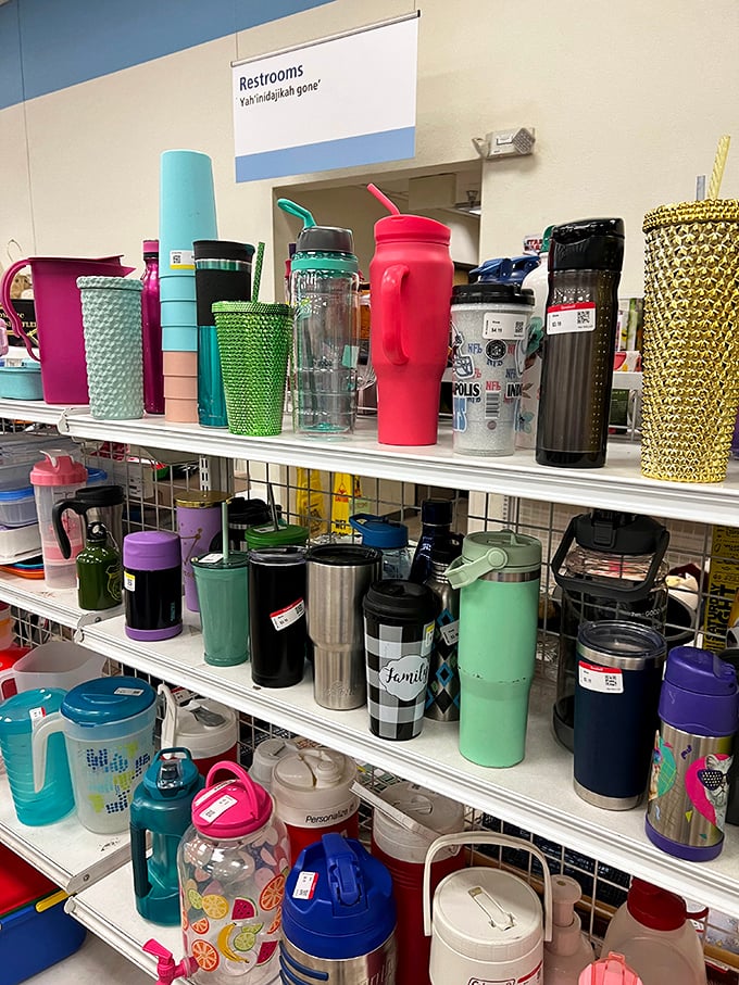 The great tumbler migration! A rainbow of travel mugs and water bottles stands ready to hydrate new owners while making environmentally-friendly fashion statements.