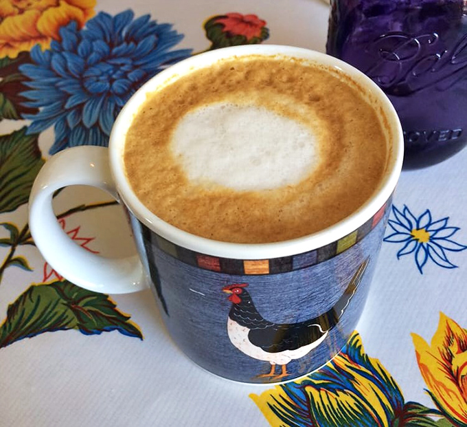 A latte that's both art and science, served in a mug that reminds you chickens deserve our respect&mdash;they make breakfast possible!