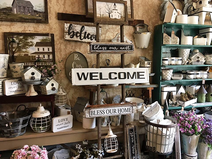 The farmhouse aesthetic corner offers enough "Welcome" and "Bless Our Home" signs to make even Joanna Gaines say, "Maybe that's sufficient." 
