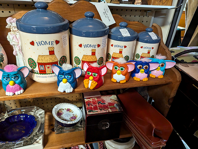 Those "Home" canisters and colorful Furbies create the perfect timeline of American kitsch&mdash;from farmhouse charm to 90s electronic pets.