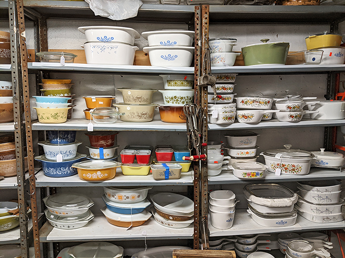 Pyrex paradise! Grandma's kitchen comes alive in this meticulously organized collection of vintage cookware spanning every color of the culinary rainbow.