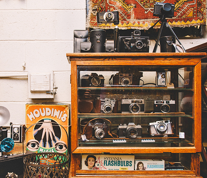 A time capsule of photography evolution sits behind glass. These cameras once captured someone's wedding, vacation, or baby's first steps.