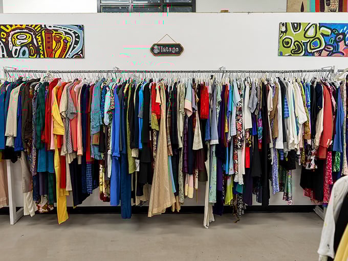 The vintage clothing rack&mdash;where fashion decades collide in a rainbow of possibilities. Yesterday's trends waiting for tomorrow's style maverick.