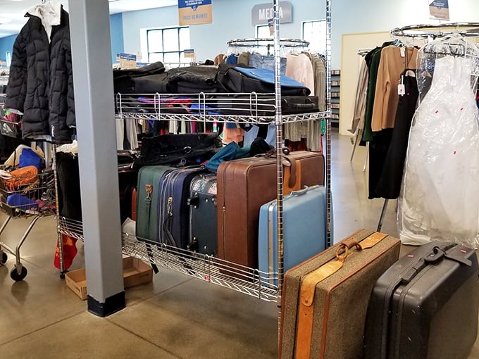 The vintage luggage corner tells stories of travels past while promising adventures future&mdash;if these suitcases could talk!