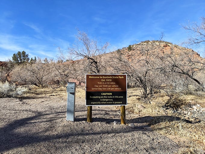 The most honest welcome sign in parks history. No fancy promises, just a straightforward invitation to experience Utah's rugged beauty.