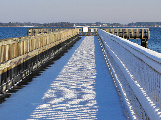 Winter transforms the familiar pier into something magical, where every railing wears a delicate coat of frost like nature's finest lacework.