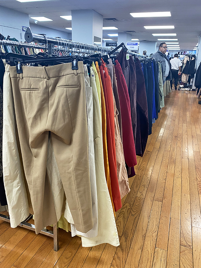 The rainbow of slacks – because in New York, even your pants should make a statement louder than a taxi horn at rush hour.