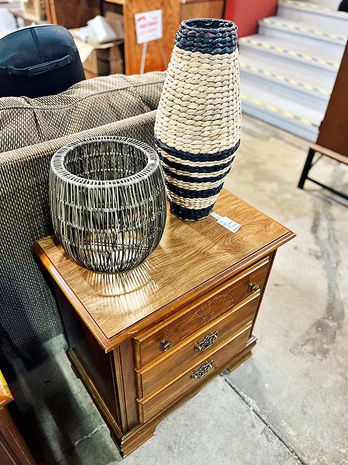 Woven baskets and solid wood furniture create perfect vignettes of possibility. Someone's discarded nightstand becomes your next statement piece.