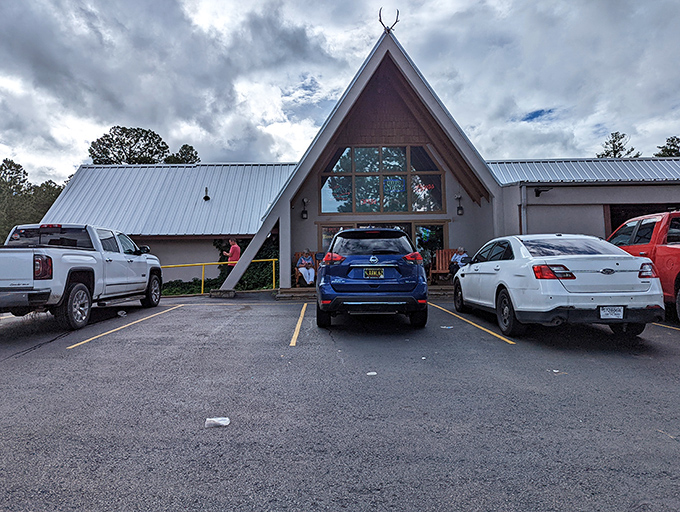 A-frame architecture reaches toward mountain skies while promising burgers that match those elevated surroundings perfectly below.
