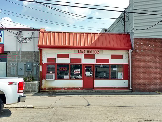 Bama Hotdogs' red and white checkerboard building stands out like a beacon for those seeking hot dog salvation.