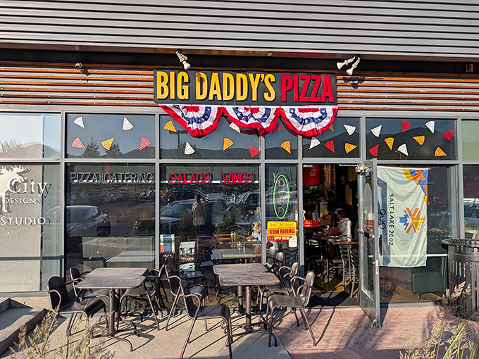 Colorful pizza slice decorations in the windows announce this place doesn't take itself too seriously.
