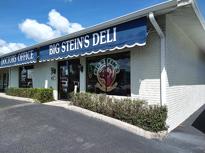 Big Stein's knows subtlety is overrated - that blue awning promises sandwiches that mean business. 