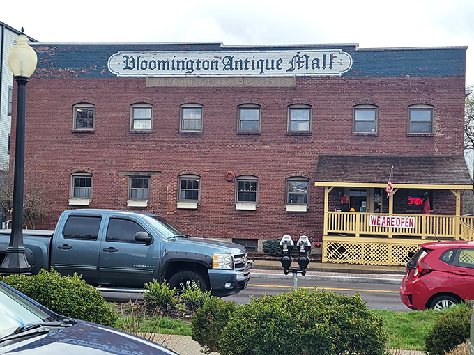 Historic brick buildings make the perfect backdrop for serious antique hunting adventures ahead.