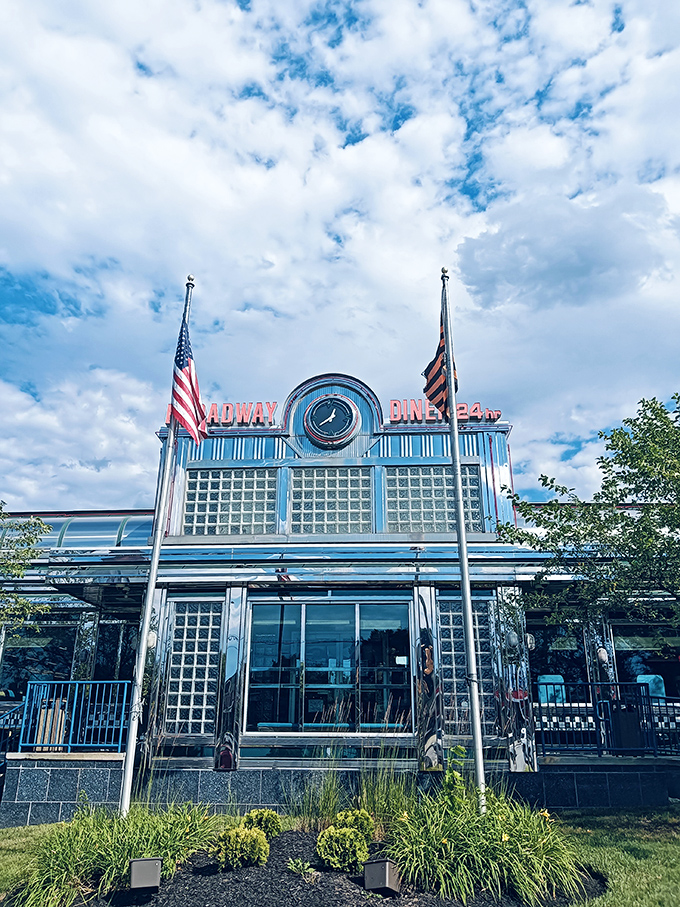 Broadway Diner's gleaming silver exterior and blue accents capture the essence of classic Americana.