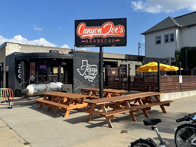 Modern meets traditional at this sleek barbecue spot with outdoor seating for perfect summer evenings.