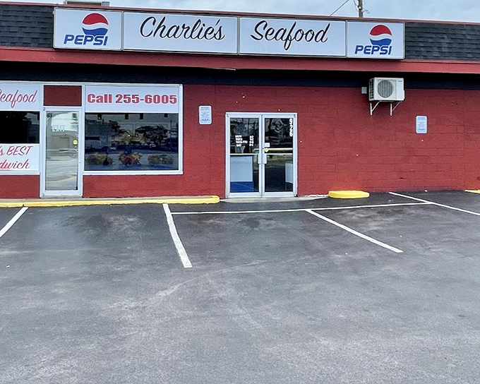 Charlie's no-nonsense red exterior says it all &ndash; we're here for serious seafood, not fancy decorations.