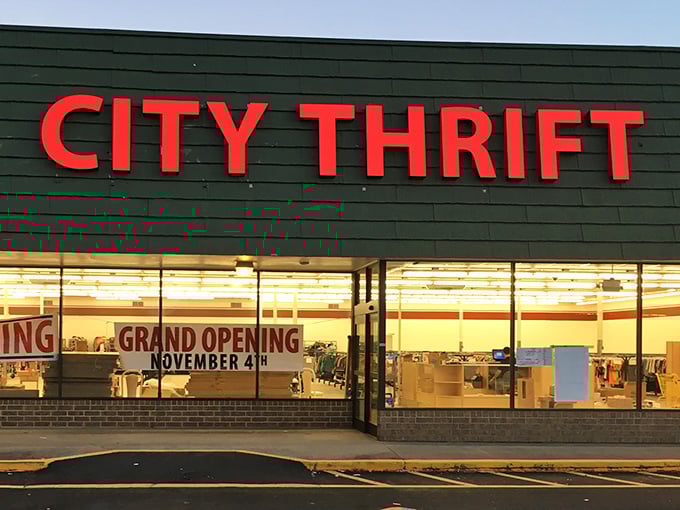 Bold red letters announce serious thrift business - where "never, ever buy new" becomes a lifestyle choice.