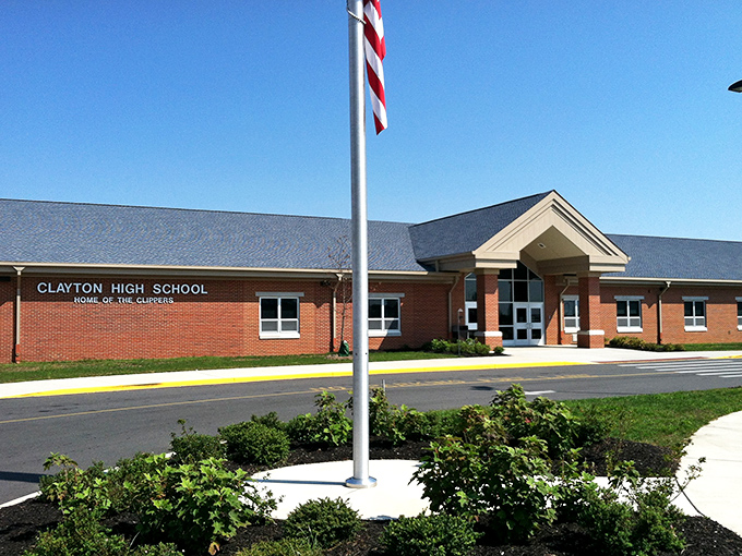 Clayton High School's modern brick facade shows this town invests in education while keeping property taxes reasonable for residents.